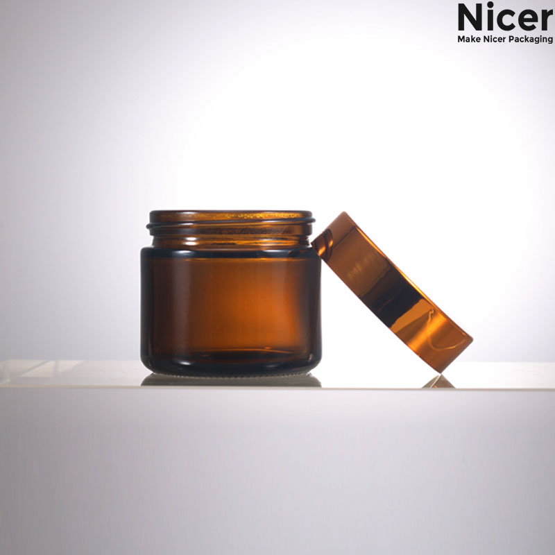 Standard 60g empty amber glass wide mouth jar with electroplating gold ...